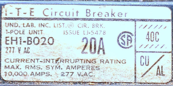 ITE EH1-B020 1 Pole Circuit Breaker 20A 277VAC
