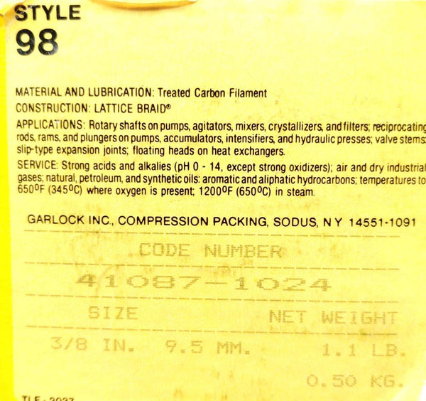 Garlock 41087-1024 Style 98 Carbon Compression Packing 3/8" – Surplus ...
