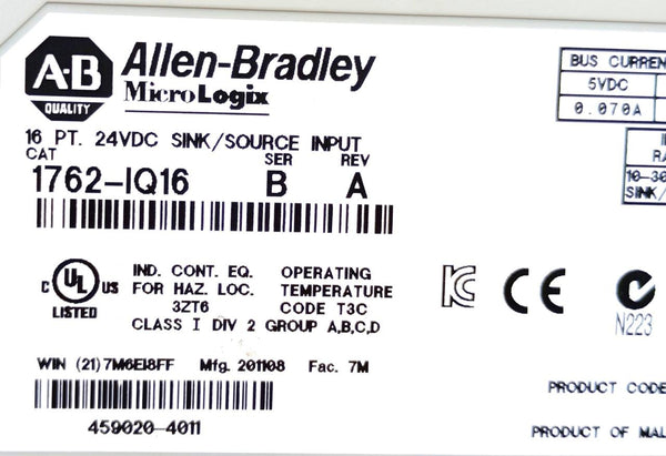 Allen-Bradley 1762-IQ16 Ser. B Rev. A MicroLogix Output Module 16 PT 2