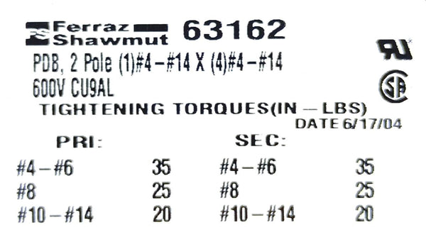 Ferraz Shawmut 63162 2-Pole Power Distribution Terminal Block 95A ...