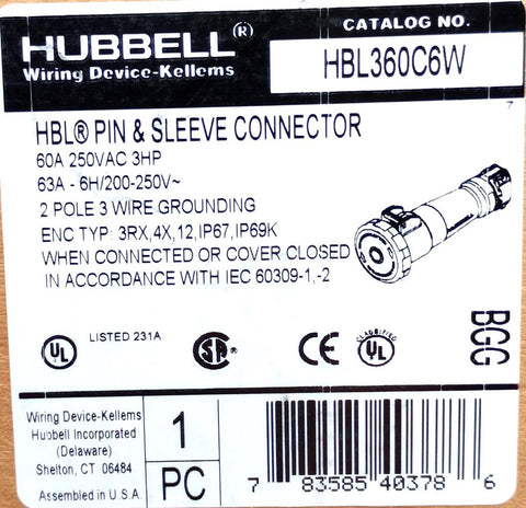 Hubbell HBL360C6W Pin & Sleeve Connector 60A 250VAC 3HP 2-Pole 3 Wire