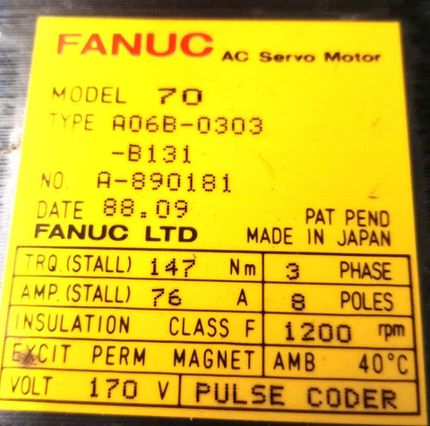 Fanuc Model 70 A06B-0303-B131 AC Servo Motor Pulse Coder 3-Phase 170V ...
