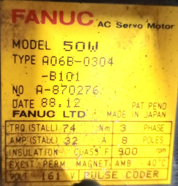 Fanuc Model 50W A06B-0304-B101 AC Servo Motor Pulse Coder 3-Phase 161V