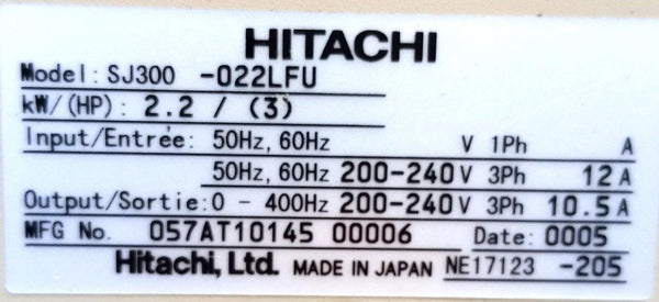 Hitachi SJ300-022LFU Inverter AC Drive 2.2kW/3HP 50/60HZ 200-240VAC 3