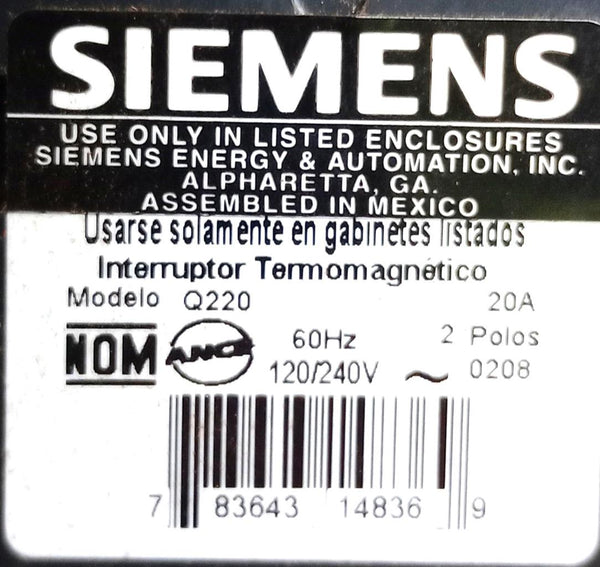 Siemens Q220 2-Pole Circuit Breaker 20A 120/240VAC 1 Phase Plug-In Mou