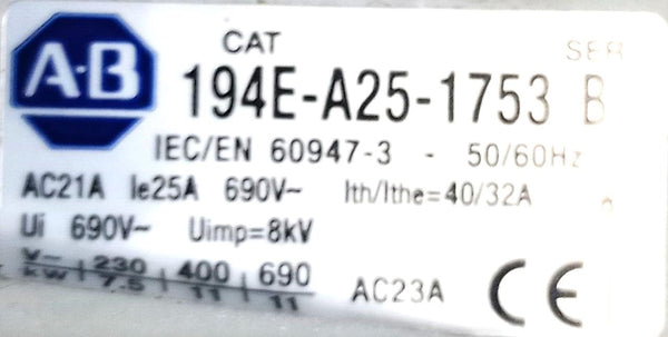 Allen-Bradley 194E-A25-1753 Ser. B Inductive Load Switch 25A 3-Pole 2-