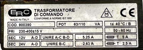 ERC 800390 Transformer 12/24VDC 63/110VAC 50/60HZ 40°C Max