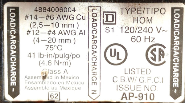 Square D HOM250GFI 2-Pole Ground Fault Circuit Breaker 15A 120/240V Pl