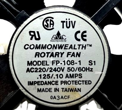 Commonwealth FP-108-1 Rotary Fan 220/240VAC 50/60HZ .125/.10A – Surplus Select