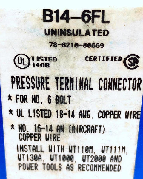 Thomas & Betts B14-6FL Sta-Kon Fork Terminal 18-14AWG #6 Bolt - Box of