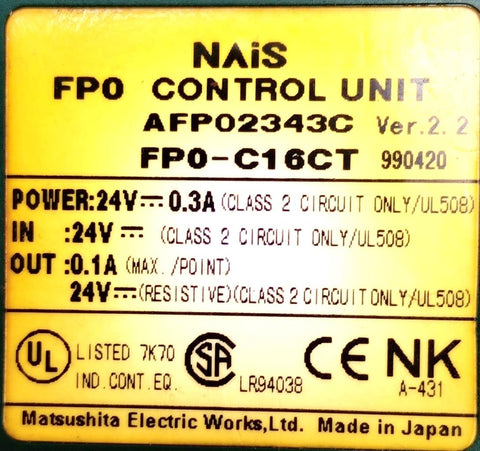 Matsushita NAiS FP0-C16CT Control Unit 24V 0.3A AFP02343C – Surplus Select