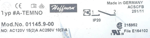 Hoffman 01145.9-00 Temperature Control Switch Atemno AC 120V-250V 10(2 ...