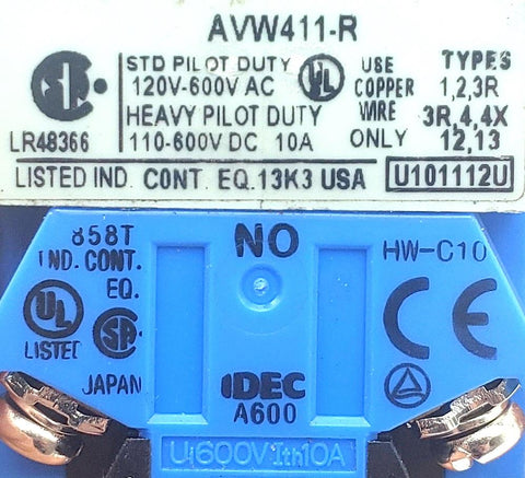 Idec AVW411-R Emergency Stop Switch Push Lock Twist Release AC/DV 10A ...