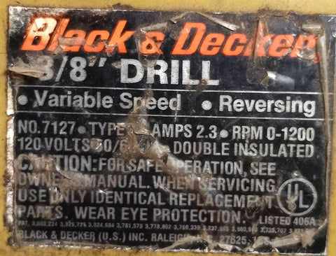 Black & Decker 7127 Corded Variable Speed Reversing Drill 3/8" 4Ft. Ca
