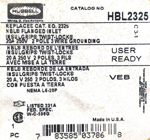 Hubbell HBL2325 Flanged Inlet 20A 250V 2-Pole 3-Wire Grounding Screw T