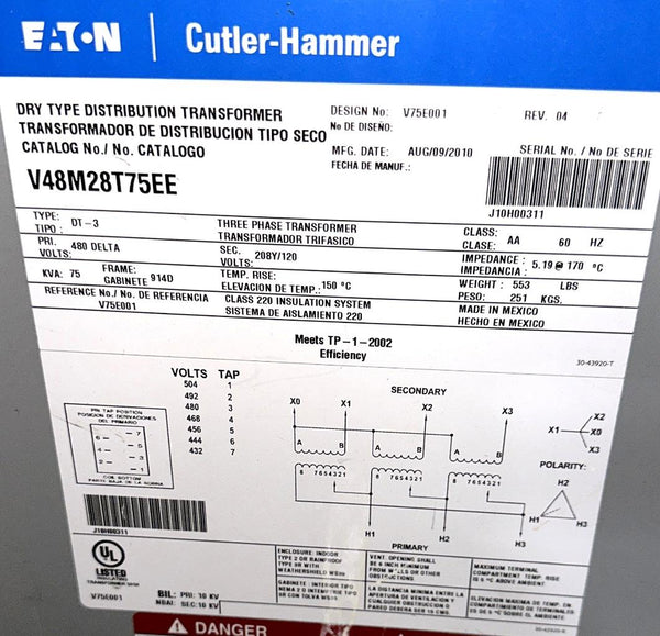 Eaton V48M28T75EE 75 KVA Transformer Dry Type 480V HV 208/120V LV Dry ...