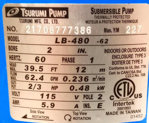 Tsurumi Pump LB-480-62 Submersible Dewatering Pump 2" Bore 115V 60HZ 2