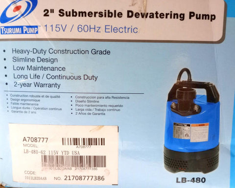 Tsurumi Pump LB-480-62 Submersible Dewatering Pump 2" Bore 115V 60HZ 2