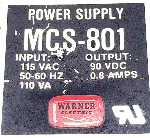 Warner MCS-801 Power Supply Input 115VAC 50-60Hz 11VA Output 90VDC 0.8A ...