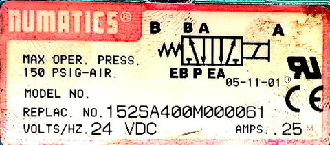 Numatics 152SA400M000061 Solenoid Valve With Numatics 225-372B Solenoi