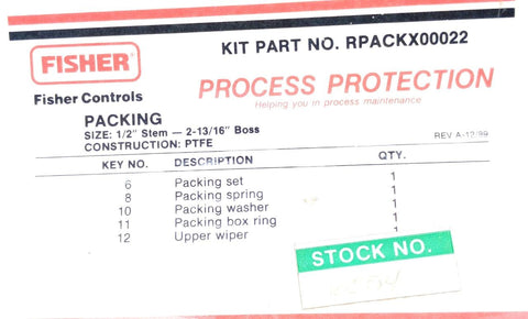 Fisher RPACKX00022 E-Body Valve Packing Repair Kit Size 1/2" Stem 2-13