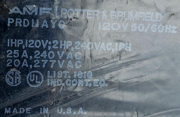 AMF Potter & Brumfield PRD11AY0 Open Frame Relay PRD11AYO 12V 50/60Hz