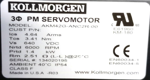 Kollmorgen AKM42G-ANC2R-00 Servo Motor 1.4kW 4.64 Arms 3.41Nm 6000RPM