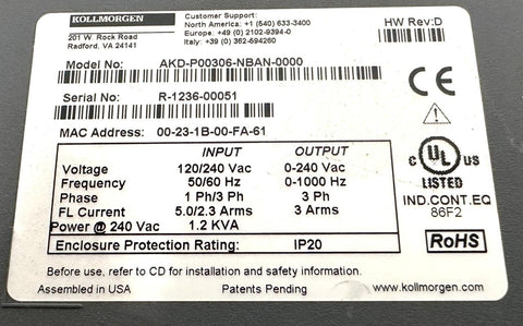 Kollmorgen AKD-P00306-NBAN-0000 Servo Drive 1.2 KVA 120/240V