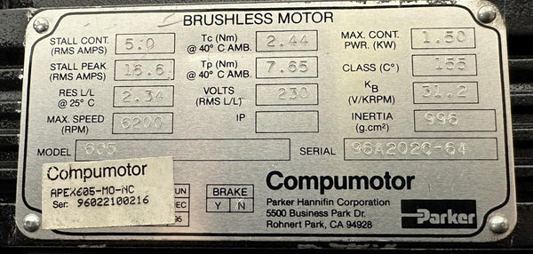 Parker 605 Brushless Servo Motor 1.5 kW 6200 RPM 230V Compumotor APEX6