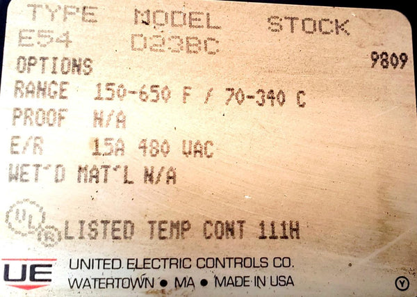 United Electronic Controls E54-D23BC Switch15A 480VAC 150-650F