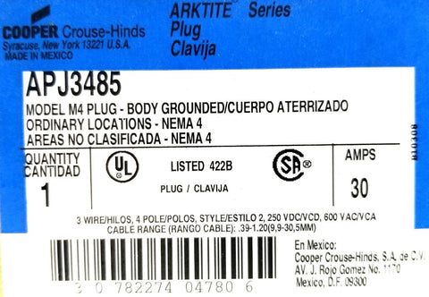 Cooper Crouse-Hinds APJ3485 M4 Plug 250VDC 600VAC 30A 3W | Surplus Select