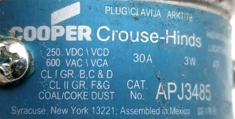 Cooper Crouse-Hinds APJ3485 M4 Plug 250VDC 600VAC 30A 3W | Surplus Select