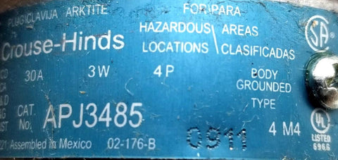 Cooper Crouse-Hinds APJ3485 M4 Plug 250VDC 600VAC 30A 3W | Surplus Select