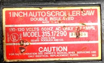 Sears Craftsman Model 315.17290 Scroller Saw Double Insulated 110-120V