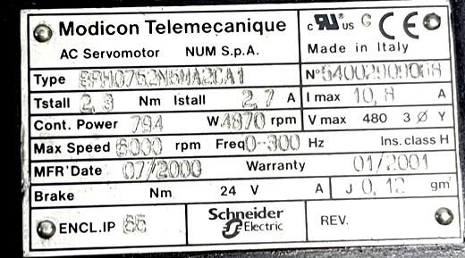 Modicon Telmecanique BPH0752N5MA2CA1 AC Servomotor 4870RPM 0-300HZ IP6