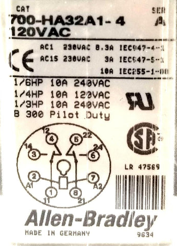 Allen-Bradley 700-HA32A1-4 Relay 10 Amp 120VAC 50-60Hz DPDT Ser A