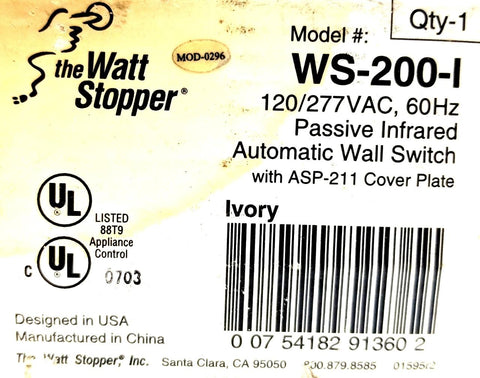 Watt-Stopper WS-200-I Passive Infrared Automatic Wall Switch 120-277VA