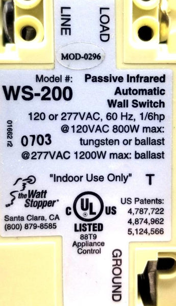 Watt-Stopper WS-200-I Passive Infrared Automatic Wall Switch 120-277VA