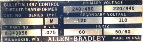 Allen-Bradley X-343858 Circuit Transformer Type M KVA 0.075 50-60Hz