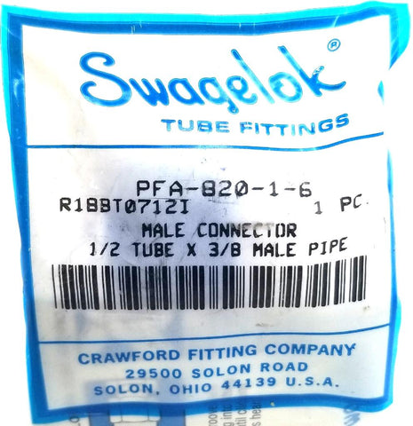 Swagelok PFA-820-1-6 Male Connector R18BT07121 1/2"x3/8" Tube-Male Pip
