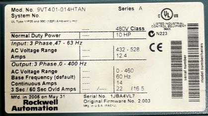 Rockwell Automation 9VT401-014HTAN AC Drive Series A 12.4A 3 Phase 480