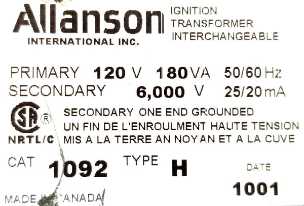 Allanson 1092 Interchangeable Ignition Transformer 50-60Hz 20-25mA Type ...