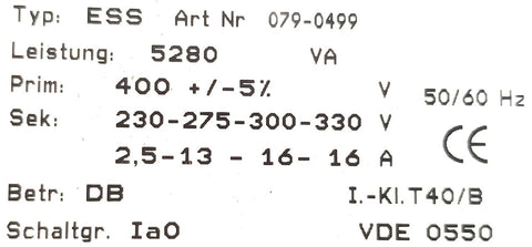 ESS 079-0499 Power Transformer 5280VA 50/60HZ 2.5-16A Secondary 230-33