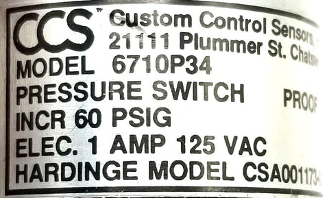 CCS 6710P34 Pressure Switch CSA001173-02 Incr. 60PsiG 1A 125VAC