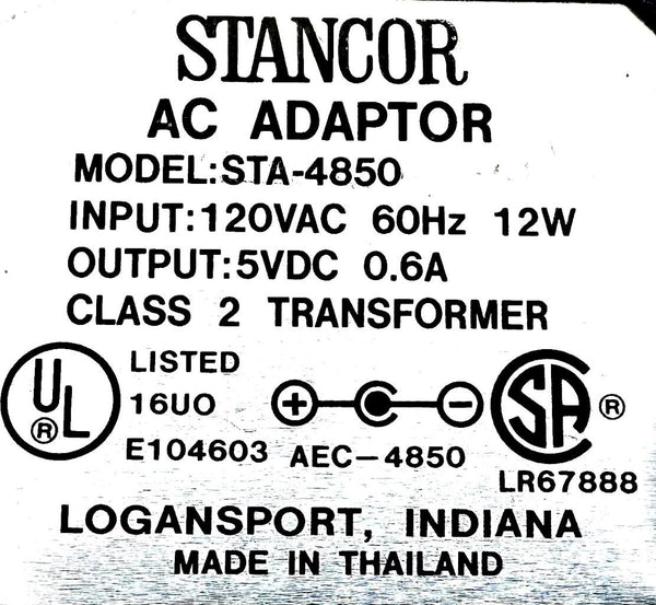 Stancor STA-4850 AC Adaptor 120VAC 60Hz 12W