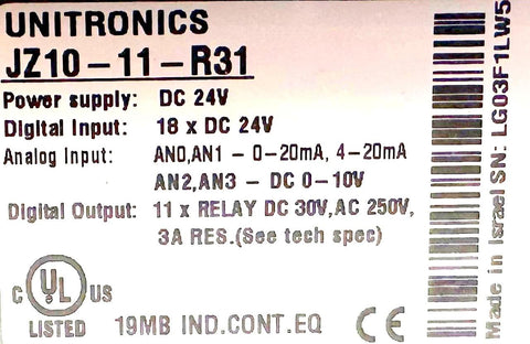 Unitronics JZ10-11-R31 Control Unit 30 VDC 250VAC 3A