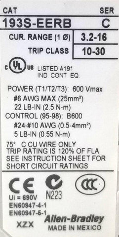 Allen-Bradley 193S-EERB Solid State Overload Relay W/ 100-C21D*10 ...