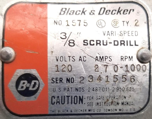 Black & Decker 1575 Scru-Drill 3/8" Ty-2 Vari-speed 120V 2.7A 0-1000rp ...