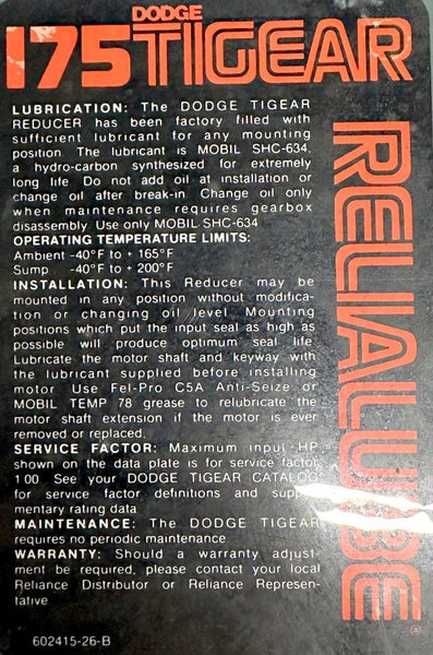 Dodge Tigear Relialube MR94759LK Gearbox Reducer Size Ratio 140/175-10
