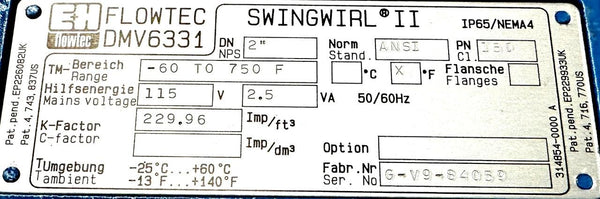 Endress + Hauser Flowtec DMV6331 Swingwirl II DN-NPS 2" TM-Range -60 t